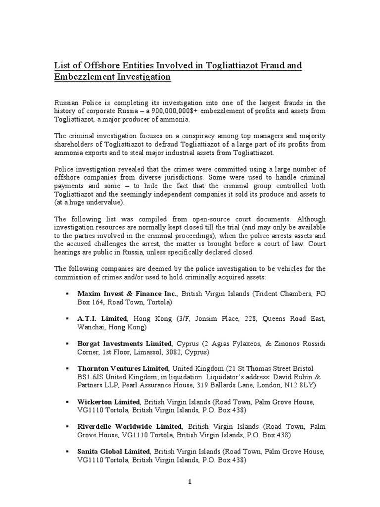 Togliattiazot Fraud Investigation Entities | PDF | Crime & Violence ...