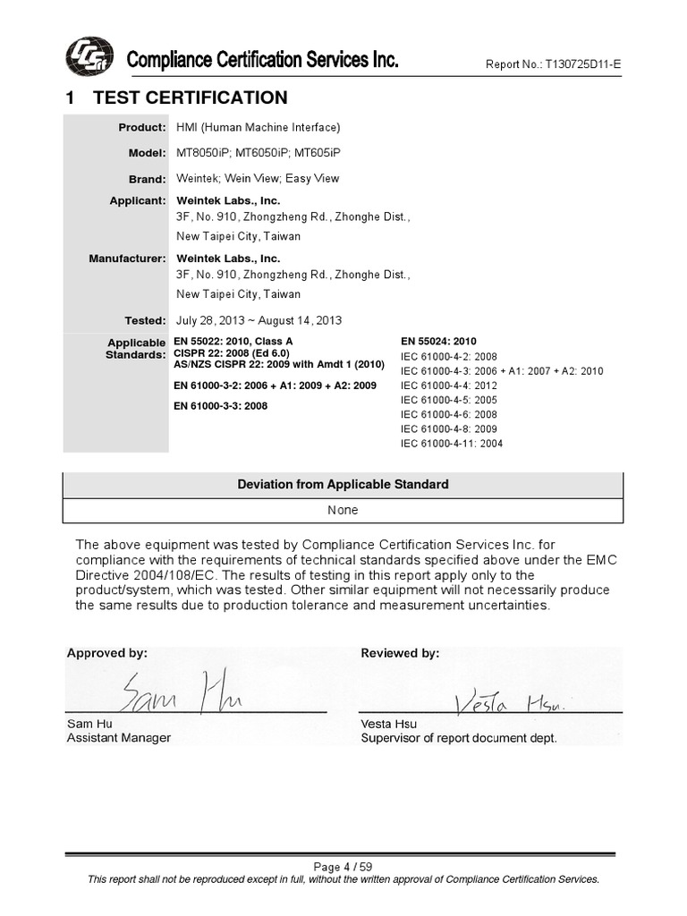 HMI Test Certification Report for Weintek | PDF