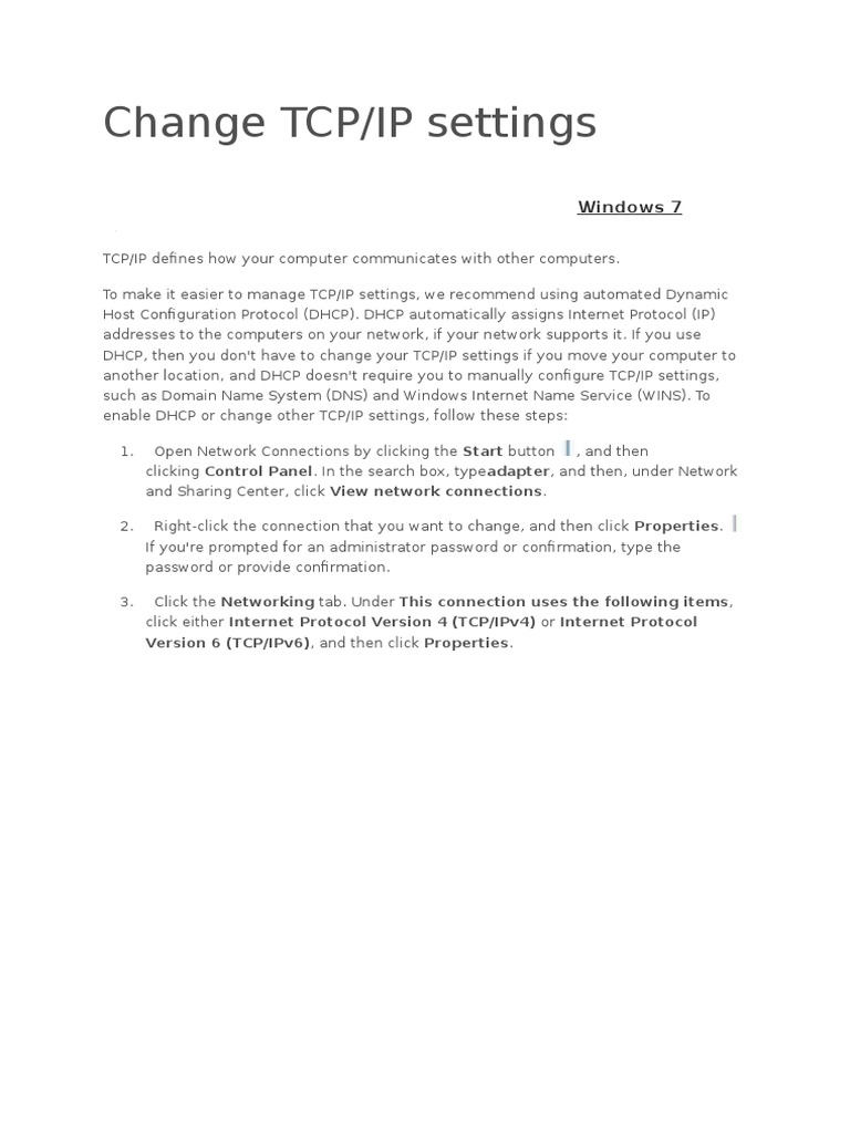 Change TCP/IP Settings: Windows 7 | PDF | Ip Address | Internet Protocols