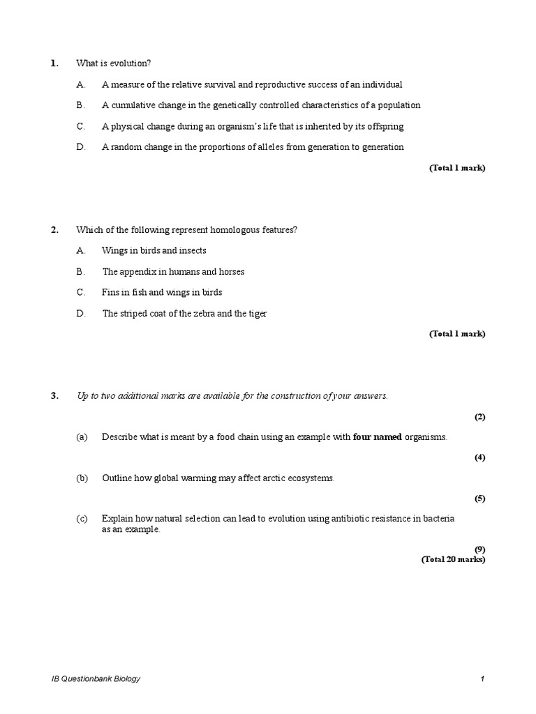 Evolution Bio Question QS | PDF | Evolution | Life