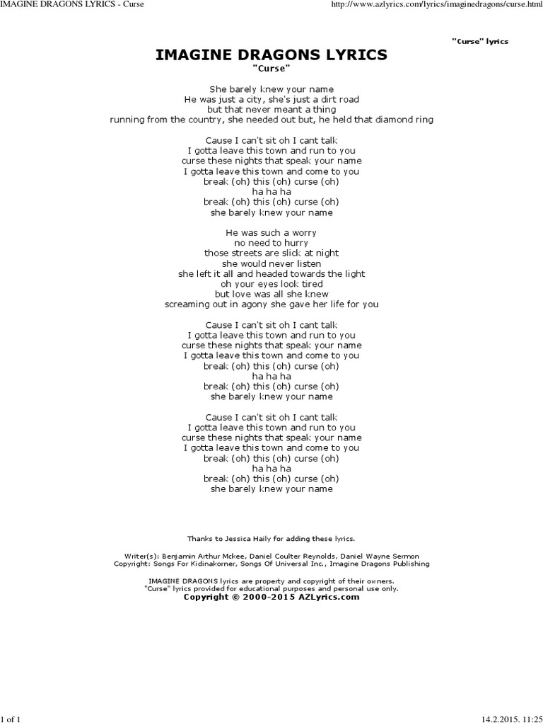 Imagine Dragons Lyrics - Curse | PDF