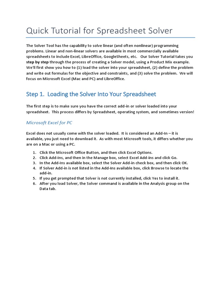 Solver Tutorial v3 | PDF | Microsoft Excel | Spreadsheet