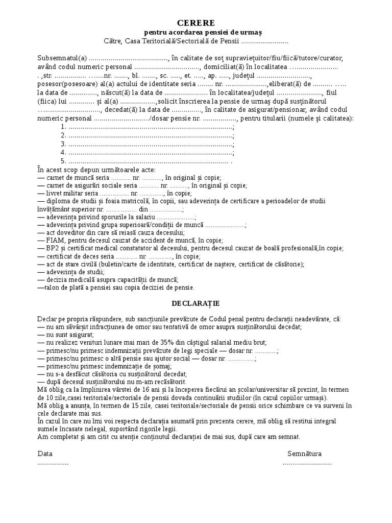 Cerere Pensie de Urmas