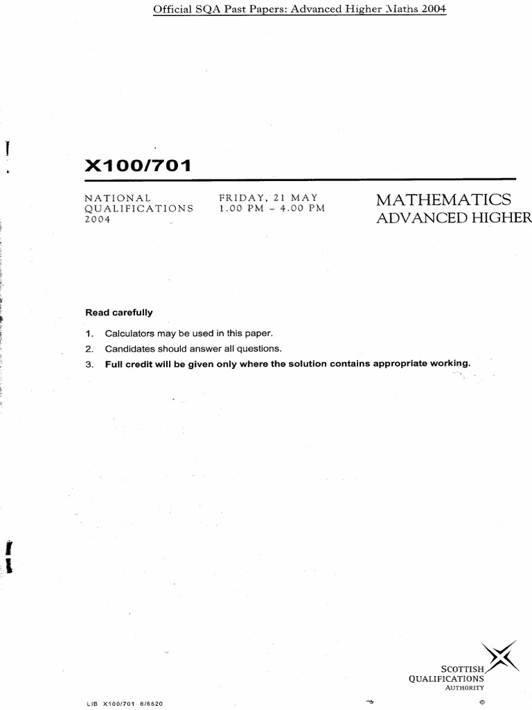 Advanced Higher Maths Exam 2004 | PDF | Equations | Function (Mathematics)