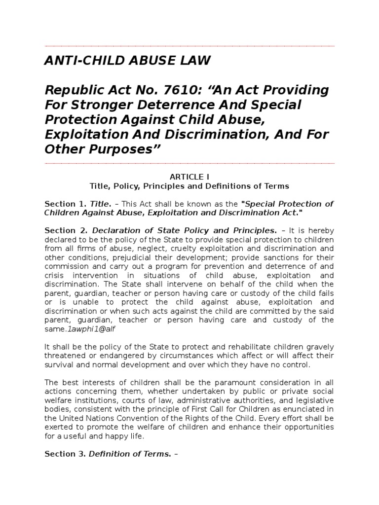Republic Act 7610: Child Protection Law | PDF | Human Rights Abuses ...