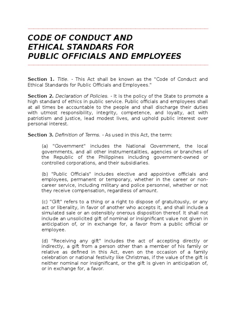 Code of Conduct and Ethical Standards For Public Officials and ...