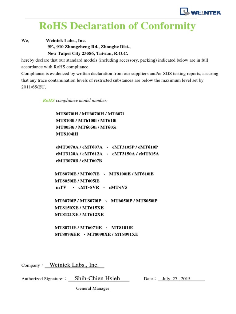 RoHS Declaration of Conformity 20150723 | PDF | Home & Garden | Computers