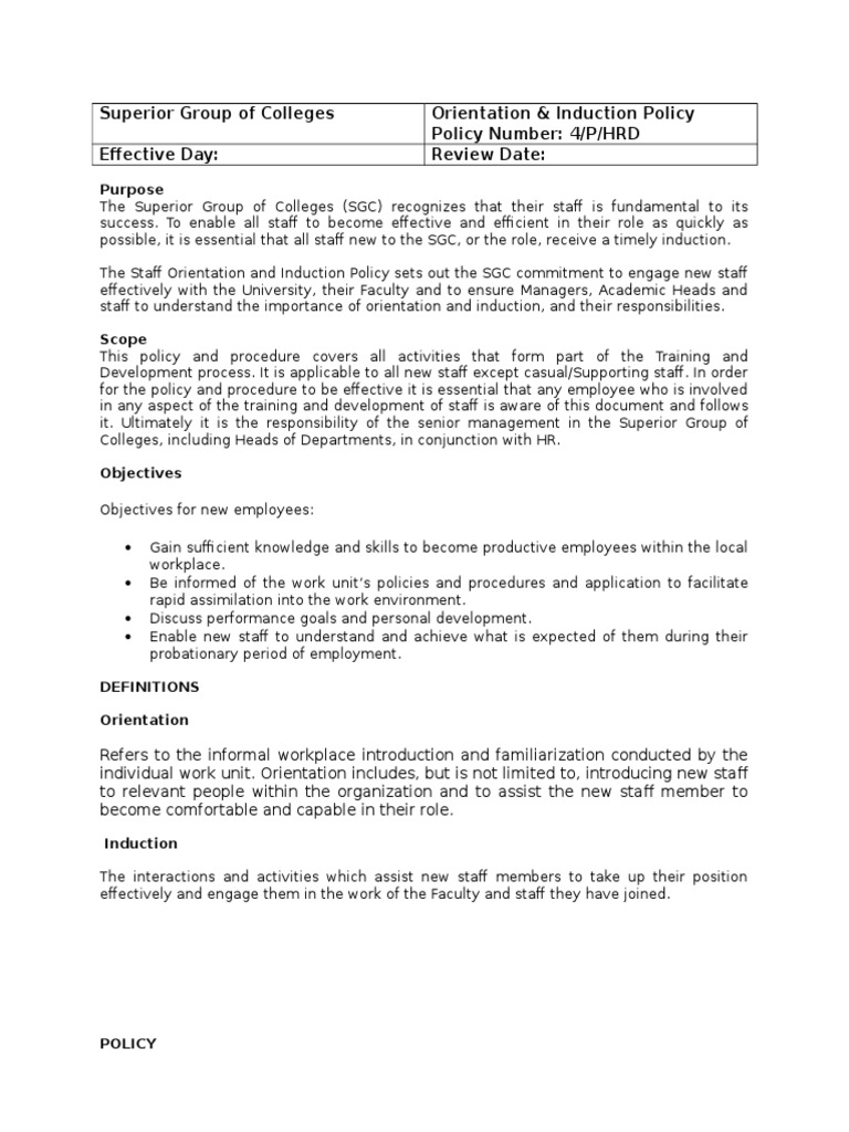 Orientation & Induction Policy | PDF | Employment | Leadership