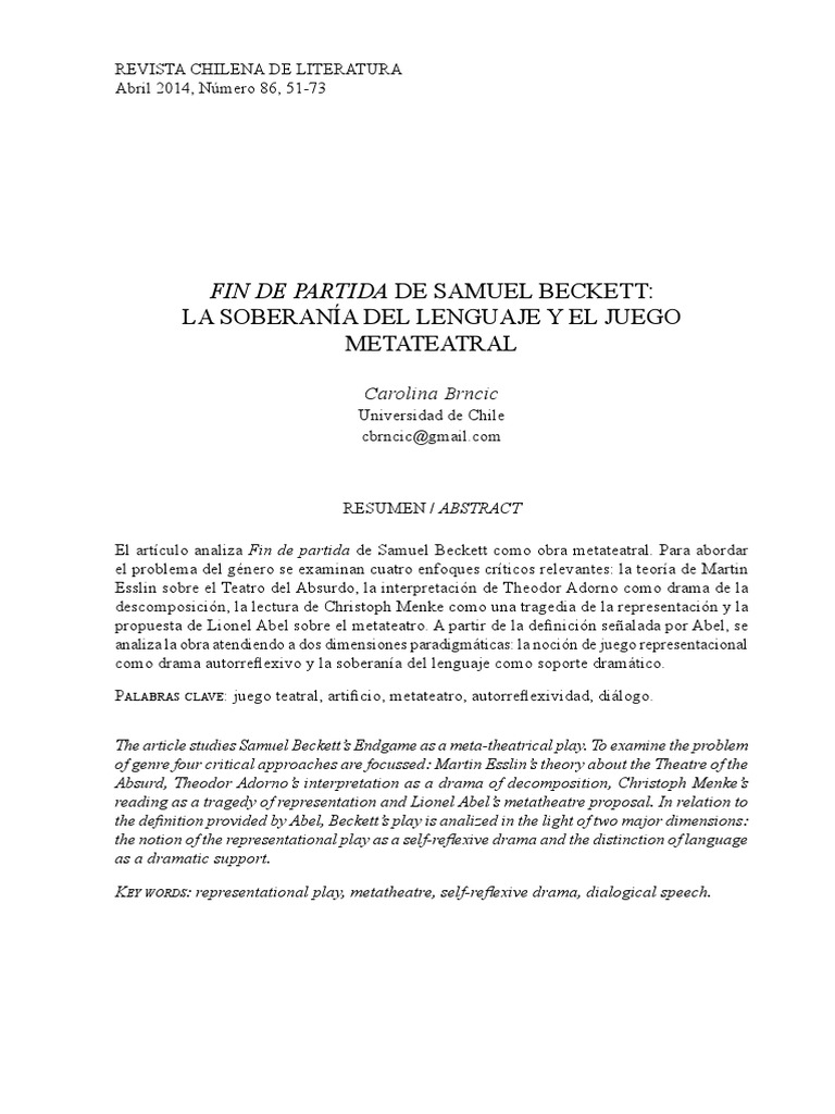 Fin de partida: lenguaje y metateatro | PDF | Samuel Beckett | Teatro