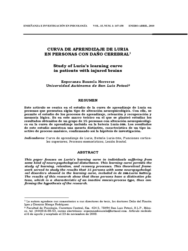 Curva de Aprendizaje de Luria en Daño Cerebral | PDF | Memoria ...