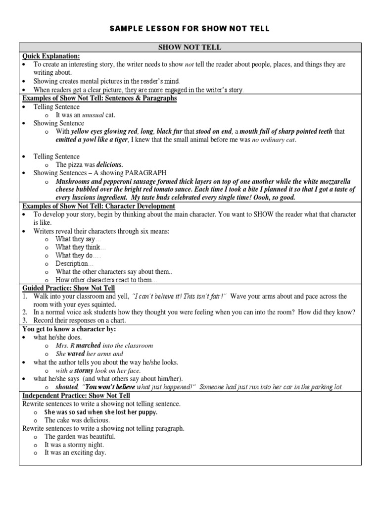 Sample Lesson For Show Not Tell Show Not Tell: Quick Explanation | PDF