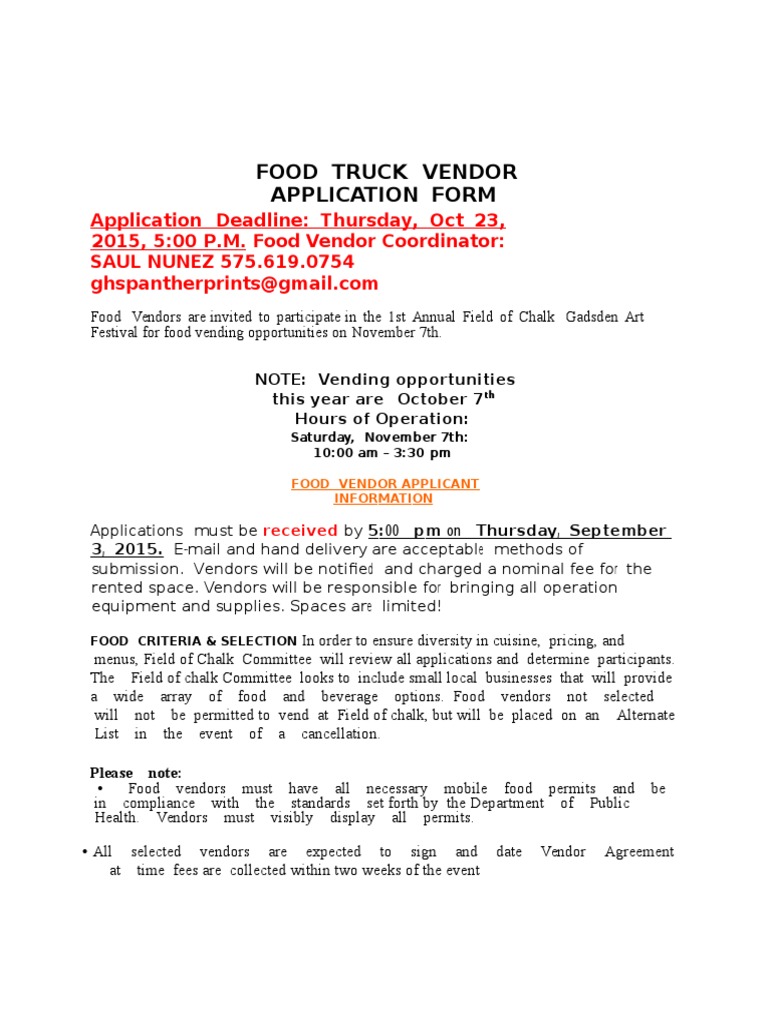 Food Truck Vendor Application 2015 | PDF | Food Truck | Foods