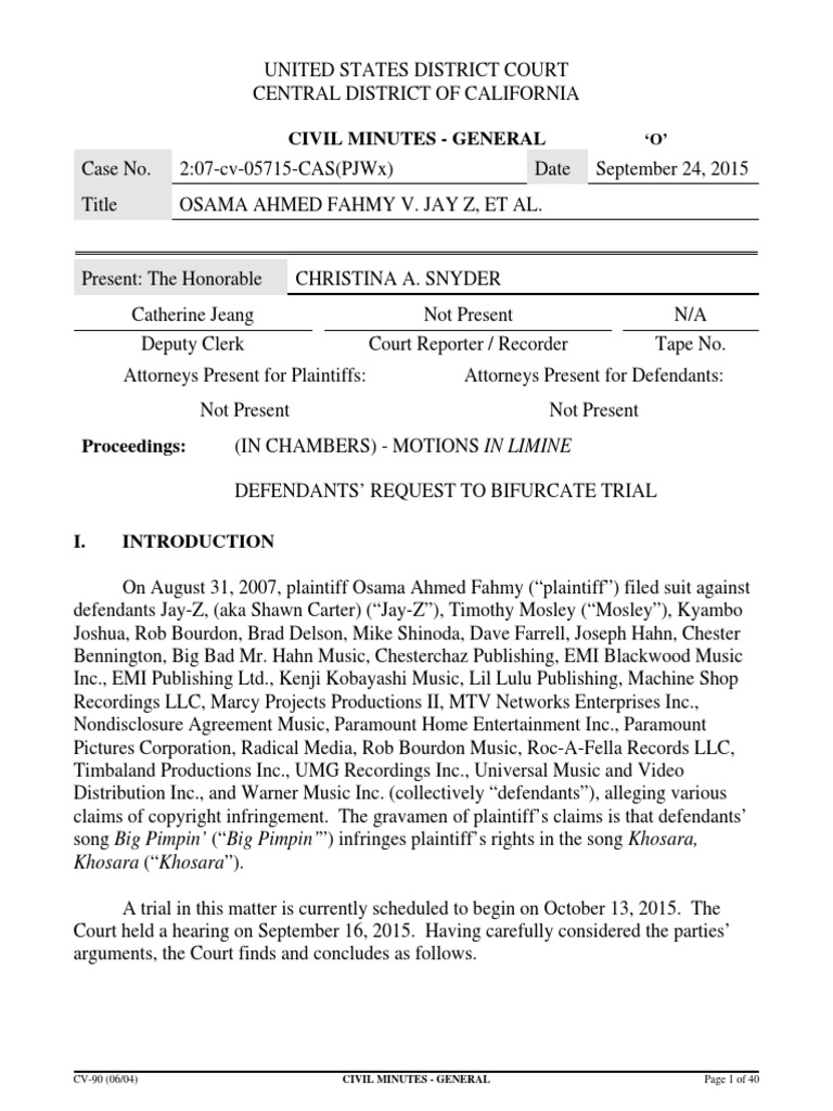 Fahmy v. Jay Z - Big Pimpin Motions in Limine PDF | PDF | Common Law ...