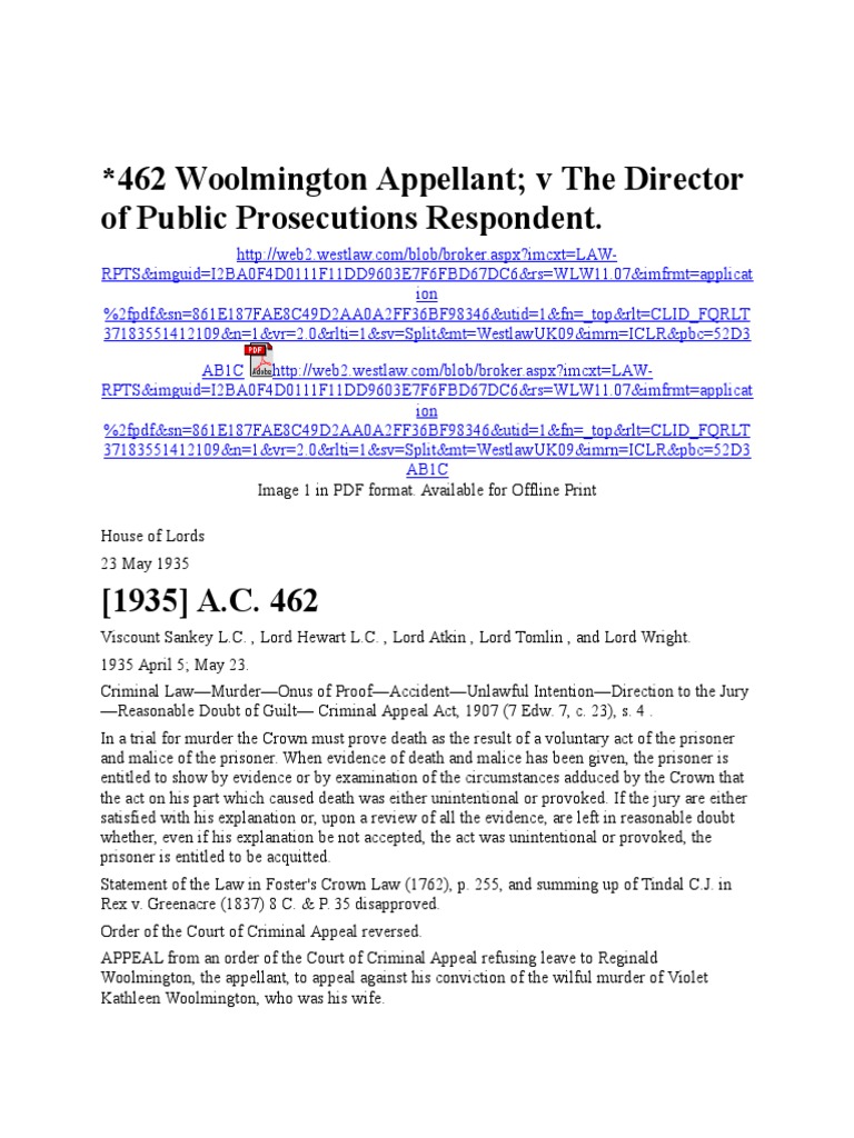 Woolmington V DPP | PDF | Reasonable Doubt | Burden Of Proof (Law)
