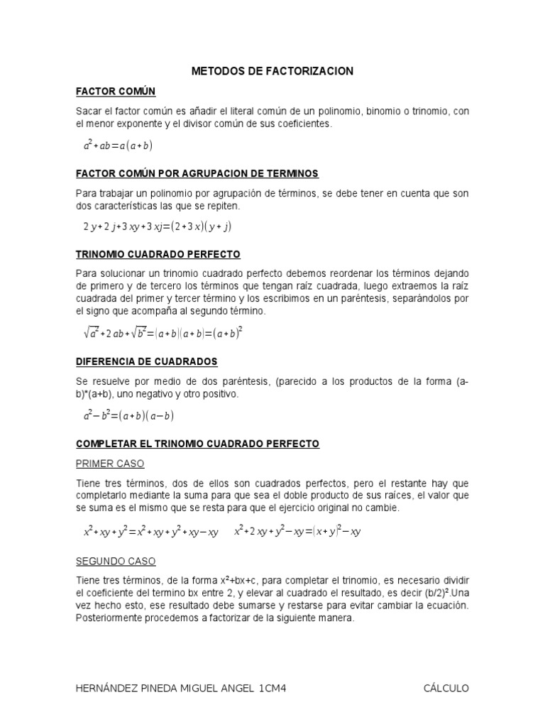 Métodos para factorizar expresiones algebraicas | PDF | Factorización | Aritmética