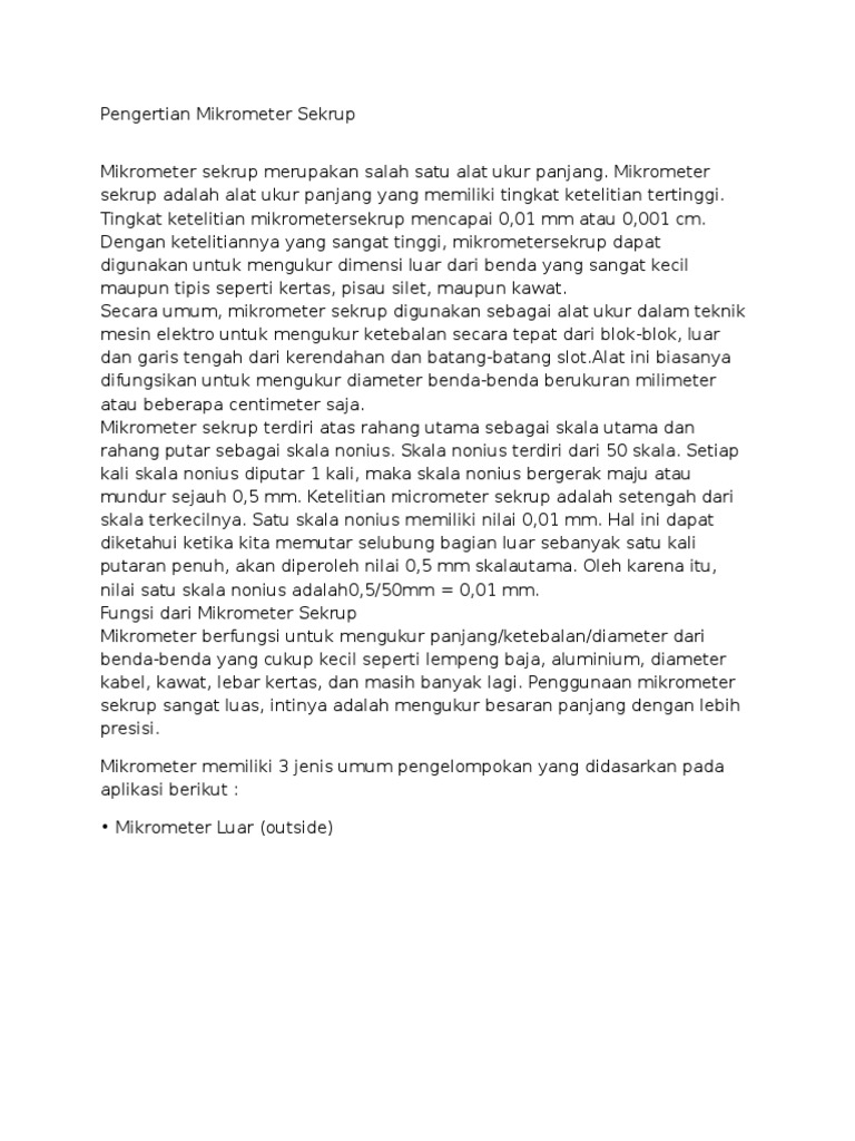 Mikrometer Sekrup: Pengertian dan Fungsi | PDF