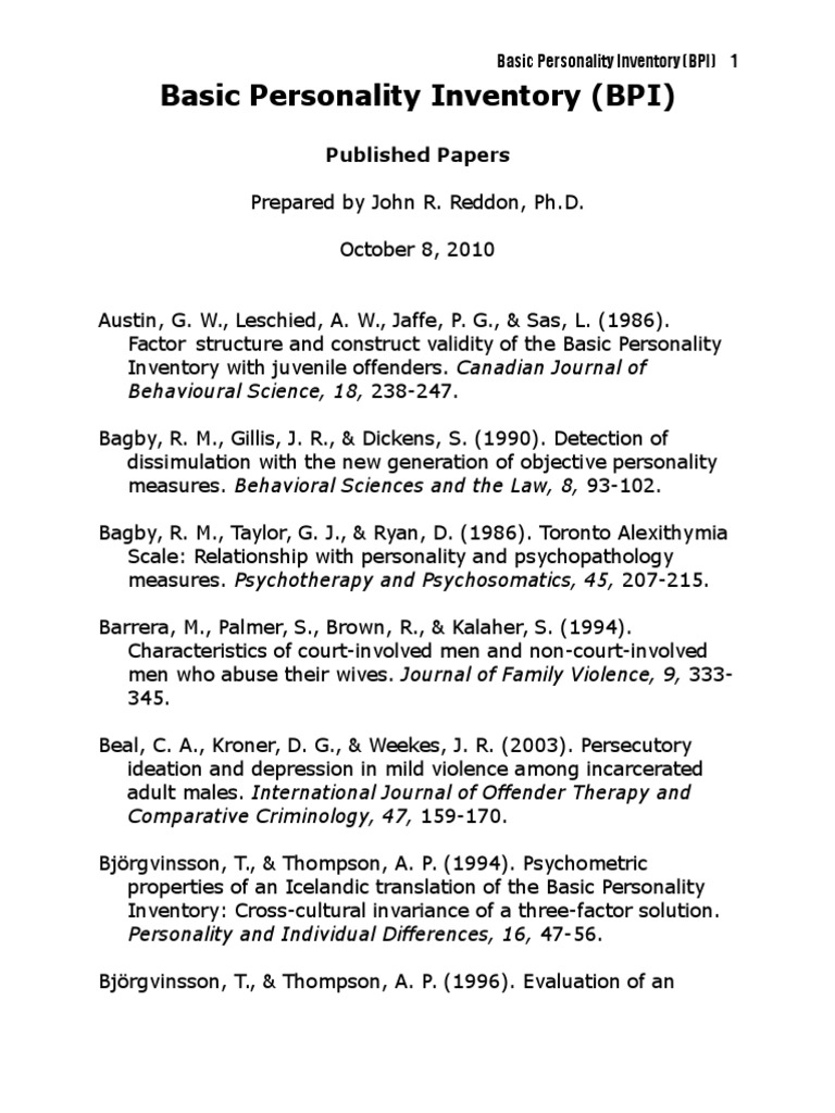 Basic Personality Inventory References | PDF | Psychopathy | Psychiatry