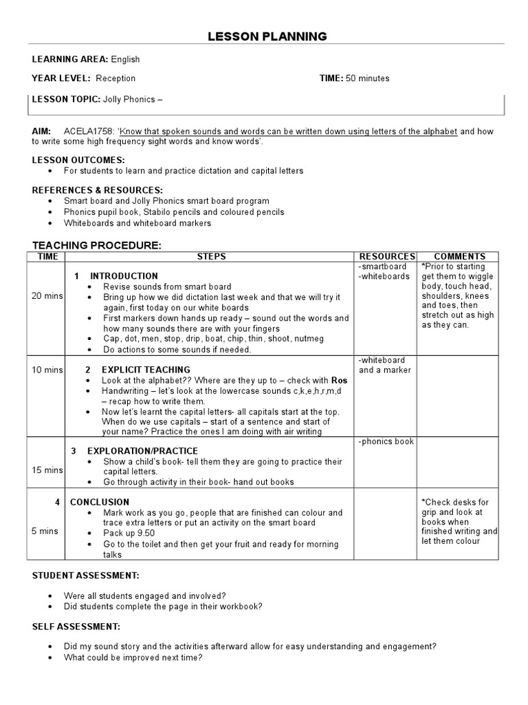 Jolly Phonics Lesson Plan for Reception | PDF