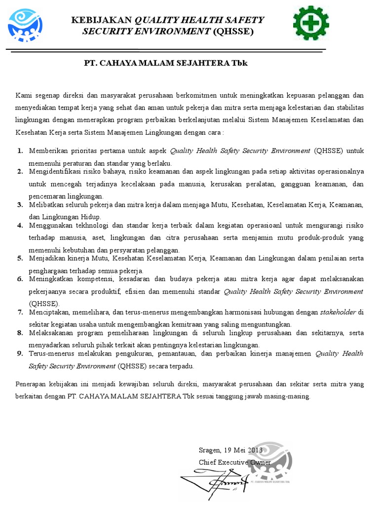 Contoh Kebijakan k3l Perusahaan | PDF | Karier & Perkembangan | Bisnis