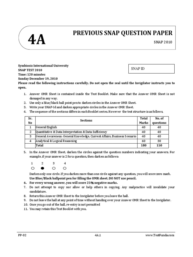 SNAP 2010 Question Paper and Ans Key | PDF | Fraction (Mathematics ...