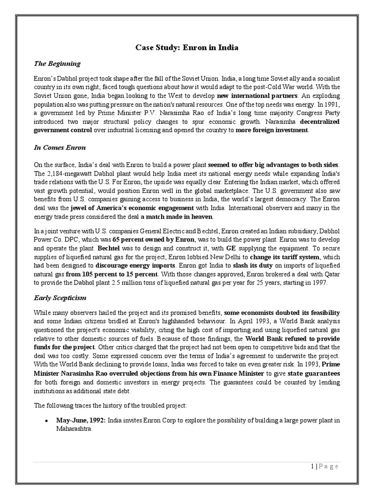 Enron's Dabhol Power Project in India | PDF | Enron | Energy And Resource