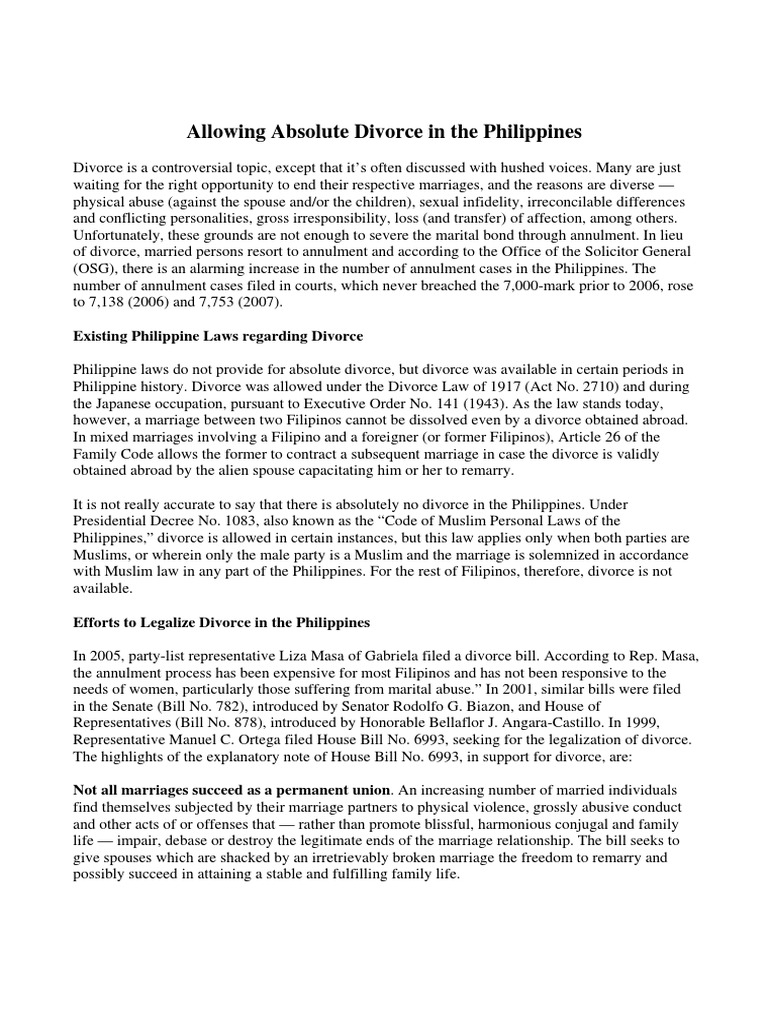 Legalizing Absolute Divorce in the Philippines | PDF | Divorce | Annulment