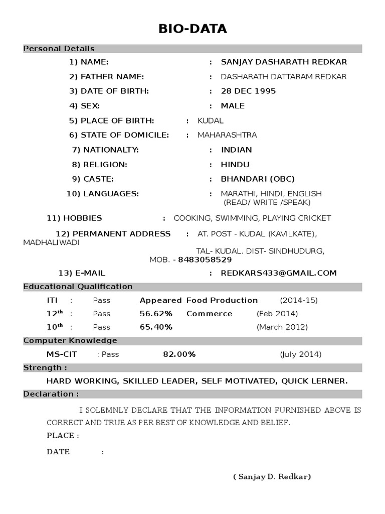 Bio Data Format | PDF