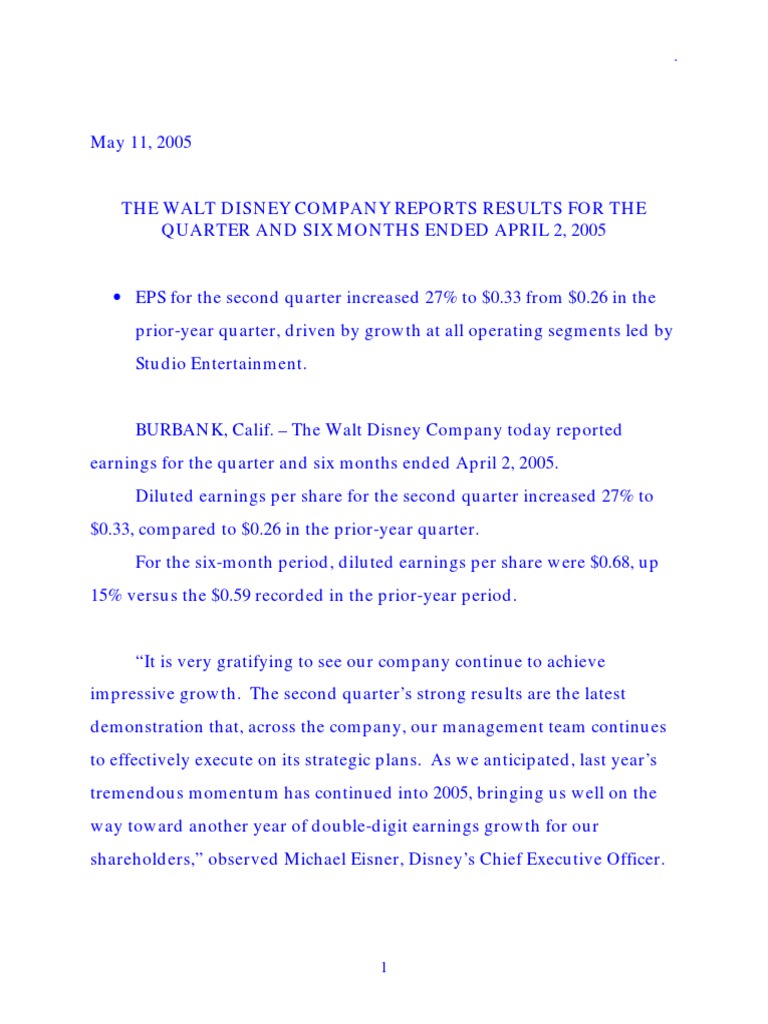 Disney Reports 27% Rise in Quarterly EPS | PDF | Free Cash Flow | Walt ...