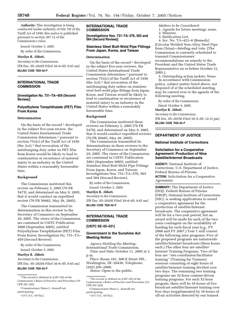 Notice: Grants and Cooperative Agreements Availability, Etc.: Satellite/Internet Broadcasts ...