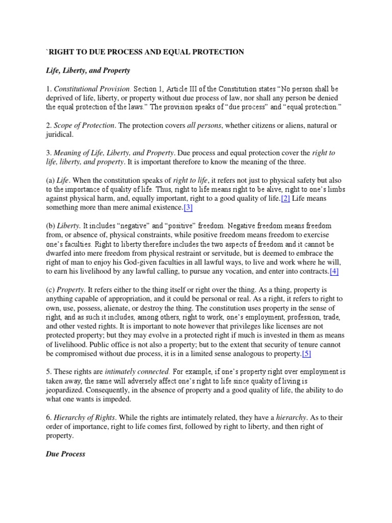 Right to Due Process and Equal Protection | Due Process Clause | Equal ...