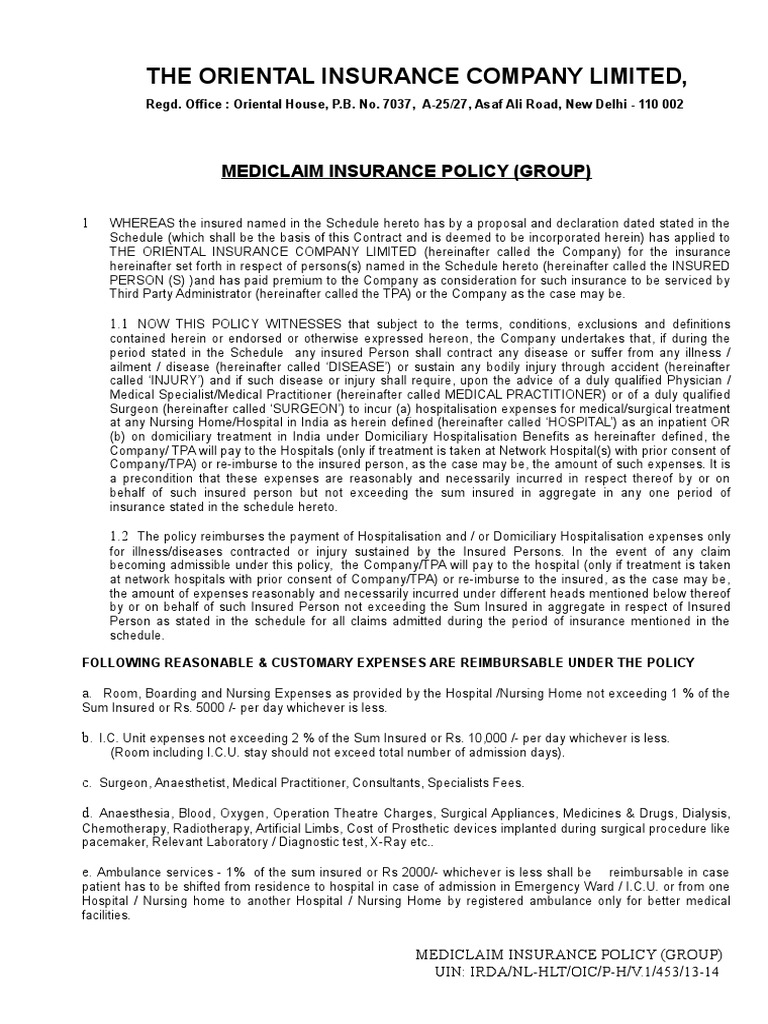 Group Mediclaim Policy 06052015 | Insurance | Hospital