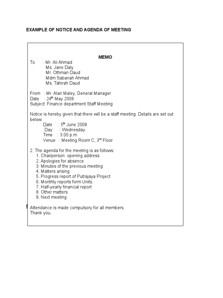 Example of Notice and Agenda of Meeting | PDF | Chairman | Board Of ...