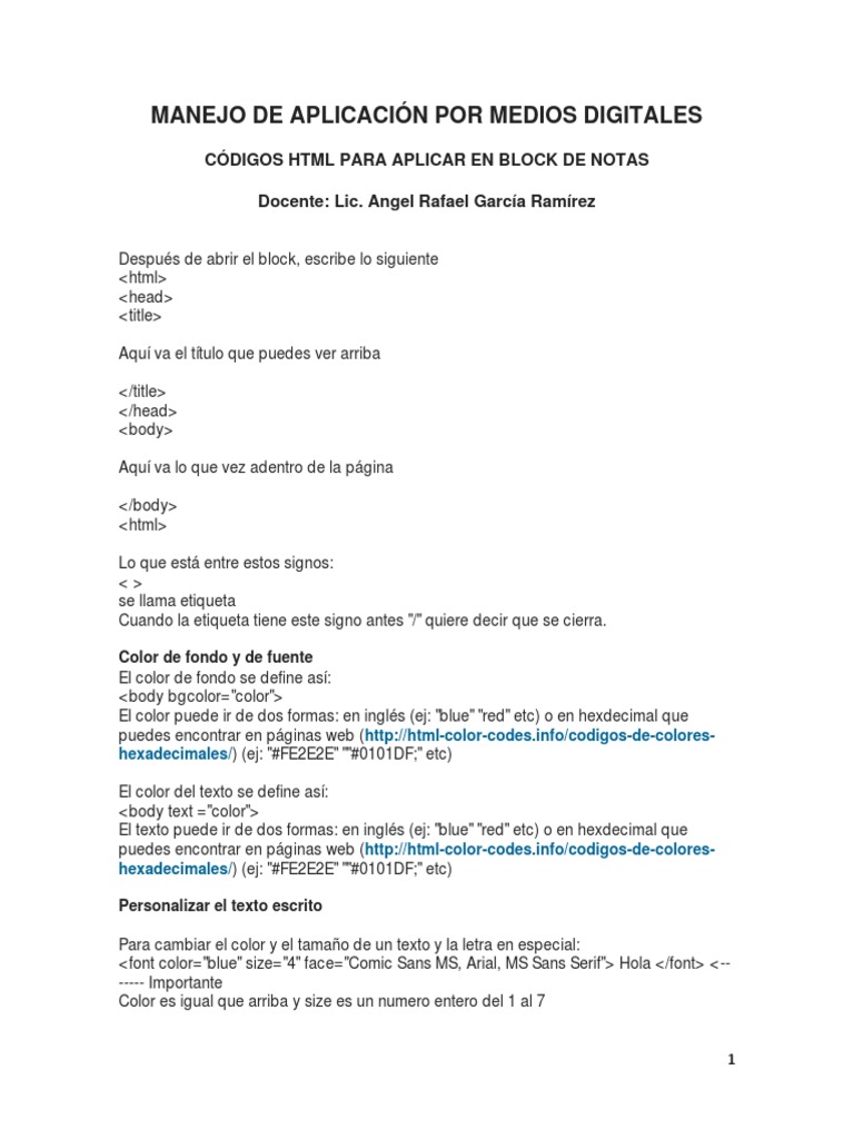 Códigos HTML para Aplicar en Block de Notas PDF | PDF | Vídeo | HTML