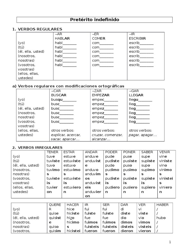Pretérito Indefinido - Verbos Regulares e Irregulares | PDF | Mecánica ...