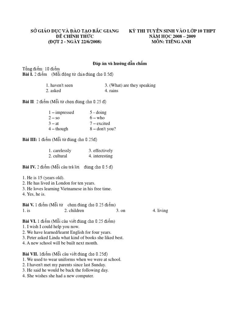 Dap An Tong Hop de Thi Tuyen Sinh Vao Lop 10 Mon Tieng Anh Cac Tinh PDF | PDF