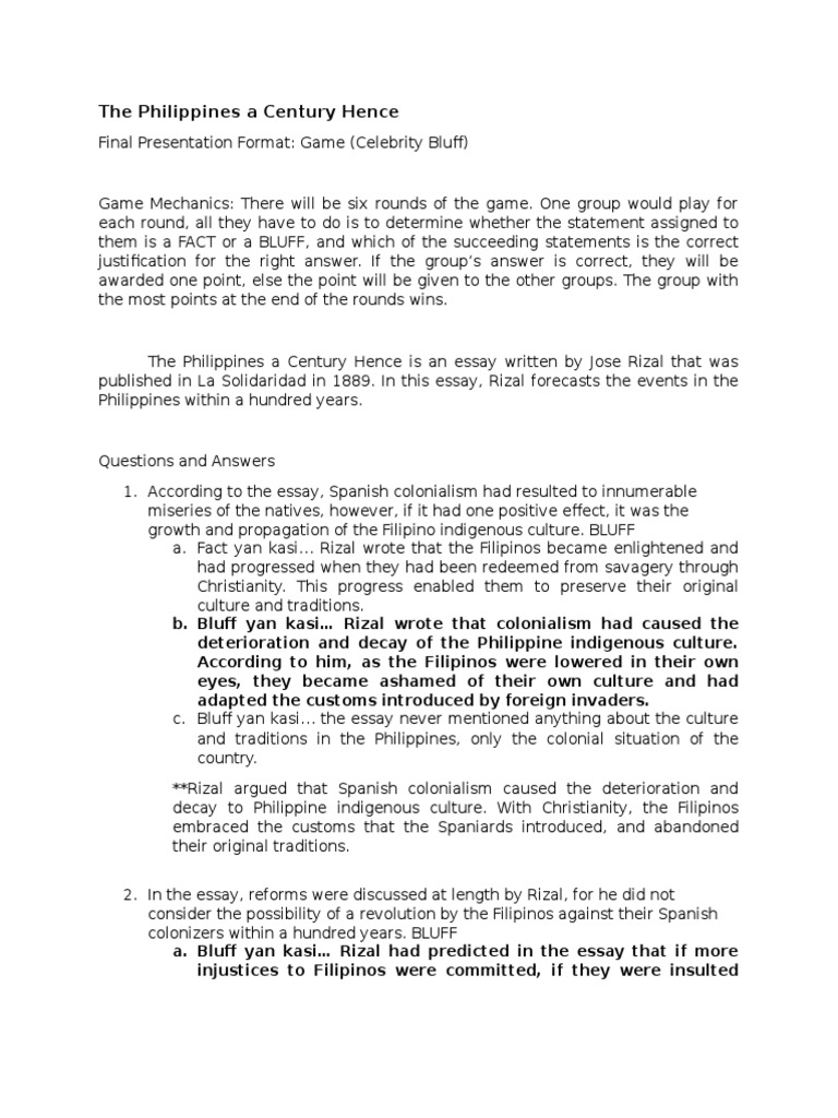 PH A Century Hence Questions | Download Free PDF | Philippines ...
