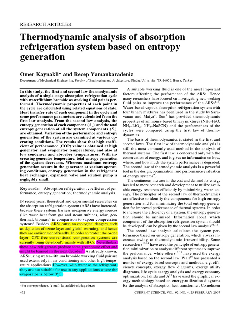 Thermodynamic Analysis of Absorption Refrigeration System Based On ...