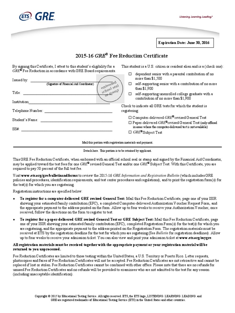 GRE Fee Reduction Certificate | PDF | Graduate Record Examinations ...