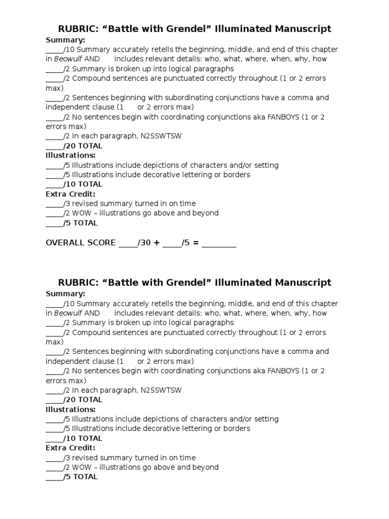 Beowulf's Grendel Battle Rubric | PDF