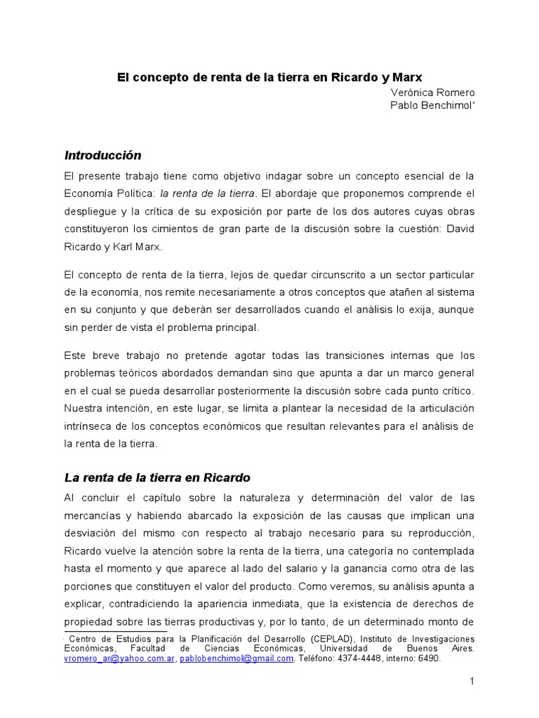 Renta de la Tierra: Análisis de Ricardo y Marx | PDF | Capital ...