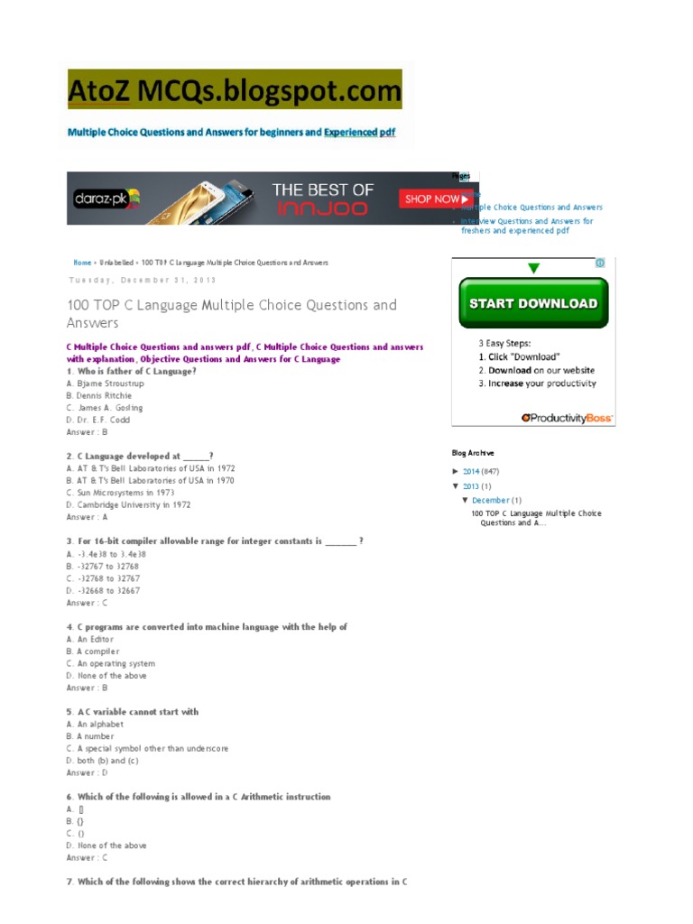 C Language Multiple Choice Questions and Answers | PDF | C (Programming ...