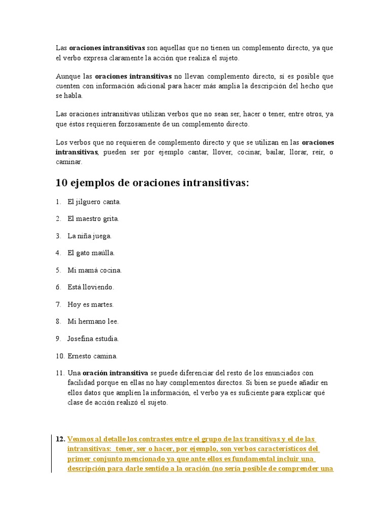 Las Oraciones Intransitivas Son Aquellas Que No Tienen Un Complemento ...