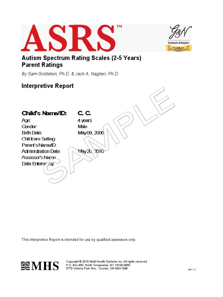 ASRS Interpretive Report Parent 2 5 Years SAMPLE | PDF | Autism ...