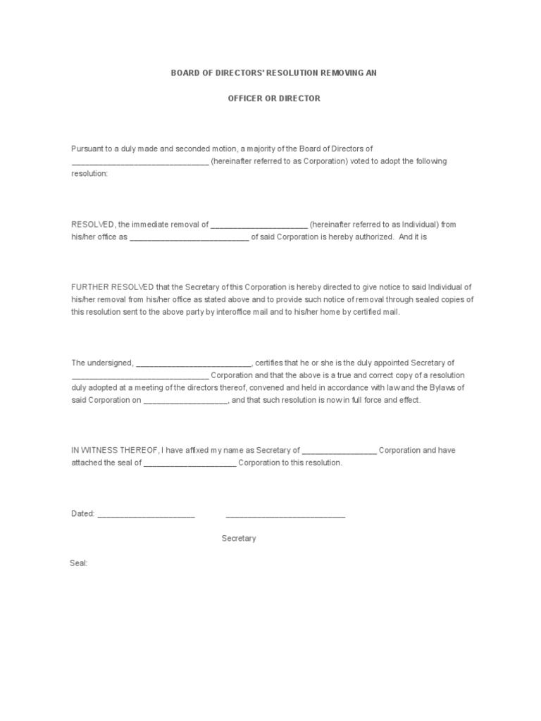 Board Resolution for Director Removal | PDF | Board Of Directors ...