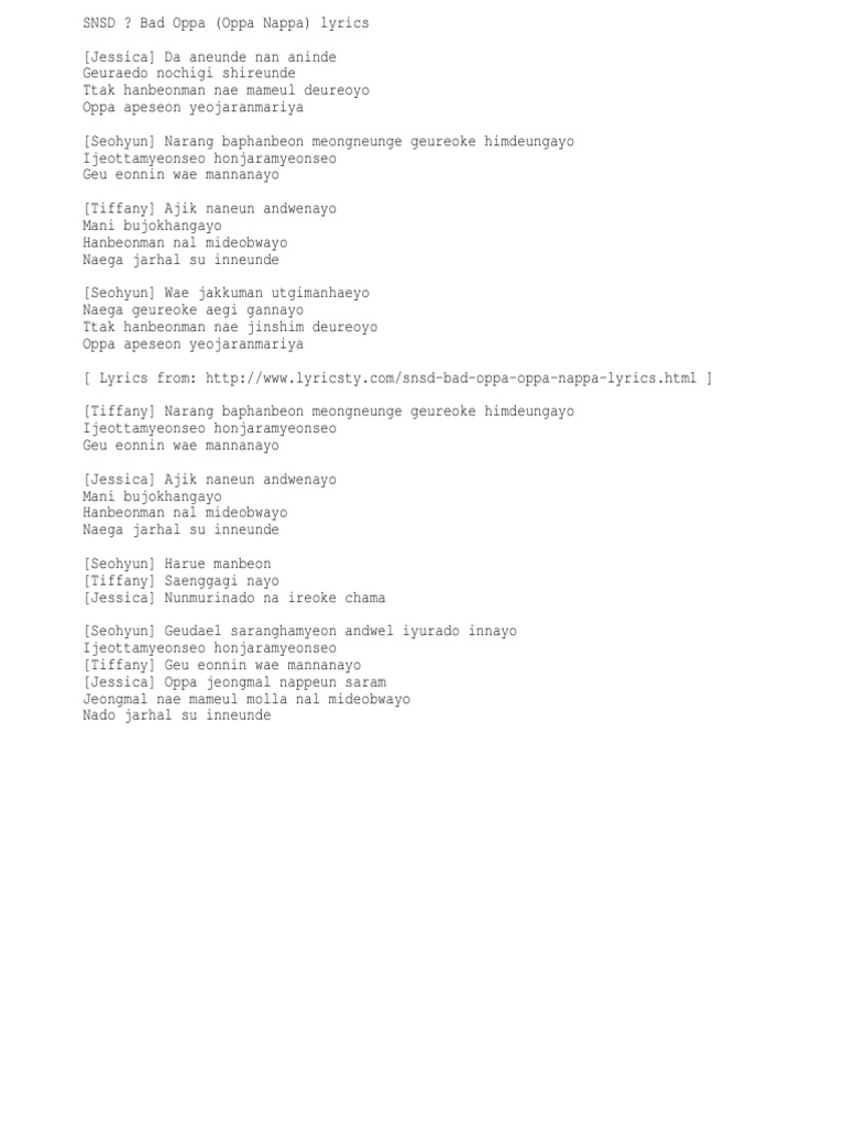 SNSD - Bad Oppa (Oppa Nappa) Lyrics | PDF | Language Arts & Discipline ...