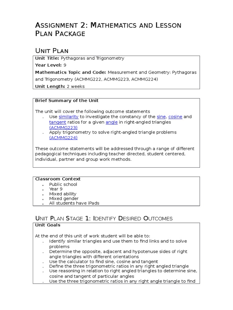 Maths Unit Plan | PDF | Trigonometric Functions | Trigonometry