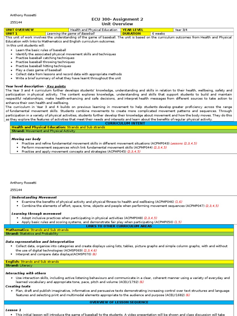 Year 3/4 Baseball Unit Overview | PDF | Educational Assessment ...