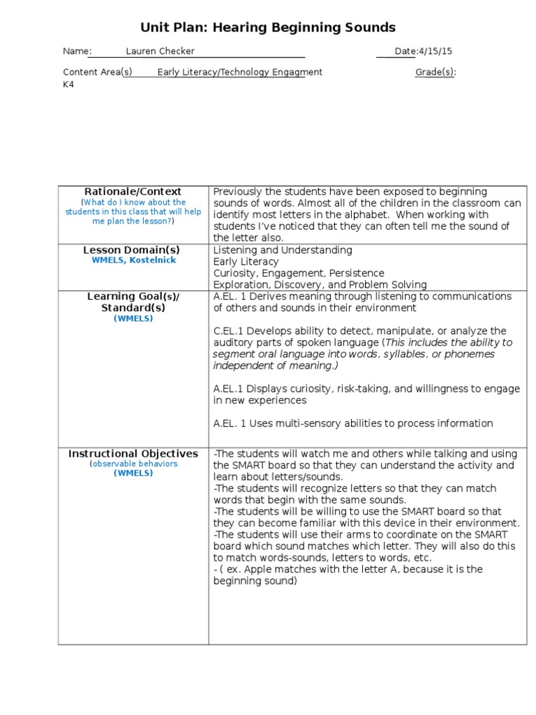 Unit Plan Beginning Sounds Lesson | PDF | Pedagogy | Psychological Concepts