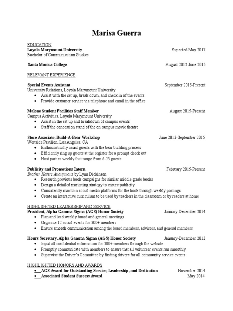 Marisa Guerra: Communication Studies Resume | PDF | Career & Growth