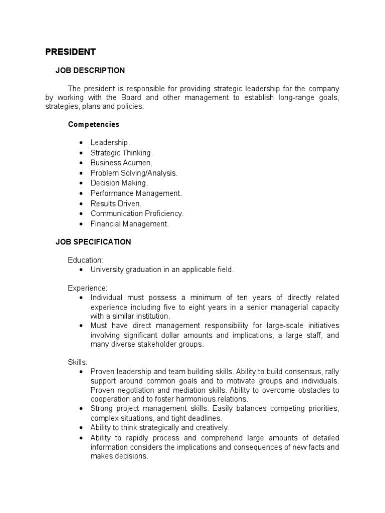 President: Job Description | PDF | Tableware | Menu